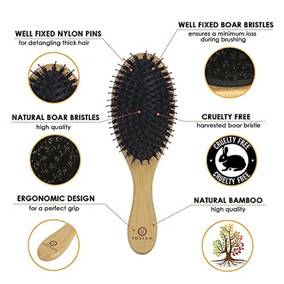 Wet Dry Hair Brush and Comb Set-Natural Bamboo Bristles Boar Detangler Hairbrush for Long Short Thick Thin Curly Straight Wavy, Paddle Brush for Men Women Kids (4 pcs)