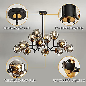 UOFUS 12-Light Glass Globe Sputnik Chandelier Mid-Century Modern Matte Black and Gold Ceiling Light Fixture Vintage Hanging Pendant Light for Bedroom Living Room Kitchen Farmhouse Dining Room
