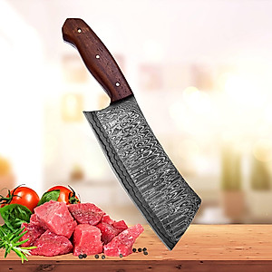 Cleaver Knife, Butcher Knife, Meat Knife, Cleaver Chef Knife, Meat Cleaver Knife, 7 Inch Damascus meat Cleaver Knife Butcher Knife For Meat Cutting With Pakkawood Handle & Leather Sheath