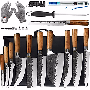 FULLHI 17pcs Butcher Chef Knife Set include sheath High Carbon Steel Cleaver Kitchen Knife Whole Tang Vegetable Cleaver Home BBQ Camping with Knife Bag,Meat Thermometer