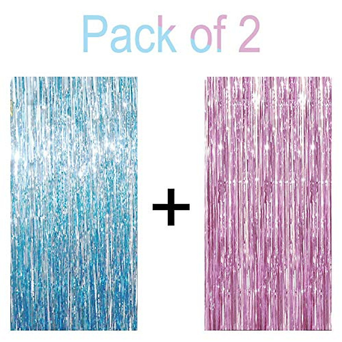 GOER 3.2 ft x 9.8 ft Metallic Tinsel Foil Fringe Curtains for Gender Reveal Photo Backdrop Wedding Decor(2 Packs,Pink&Blue)