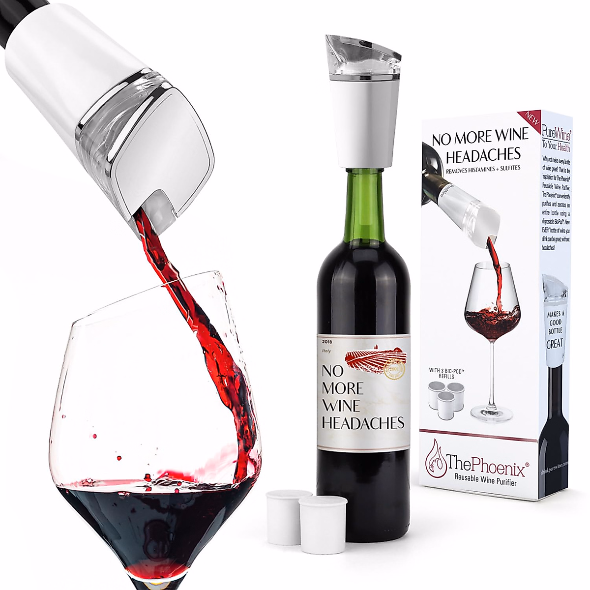 PureWine Phoenix Wine Purifier Removes Histamines & Sulfites, Reusable Wine Filter Aerates & Restores Taste - Starter Kit
