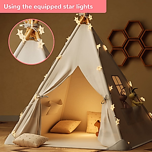 Large Kids Teepee Tent for 2 3 4 5 6 Year Old Girls, Kids Foldable Play Tent with Padded Mat & Light String, Ideal Gifts Toys Tent, White Canvas Teepee Indoor Outdoor Games, Kids Playhouse for Boys