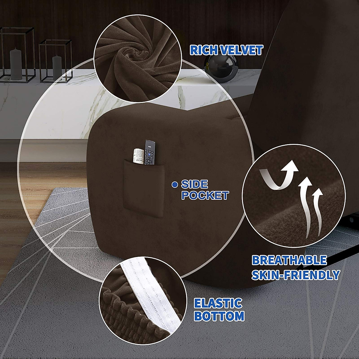 MAXIJIN Recliner Loveseat Slipcover, 6 Pieces Stretch Velvet Reclining Sofa Cover, 2 Seater Love Seat Recliner Couch Cover, Thick, Soft, Washable Furniture Cover (Loveseat Recliner, Dark Coffee)