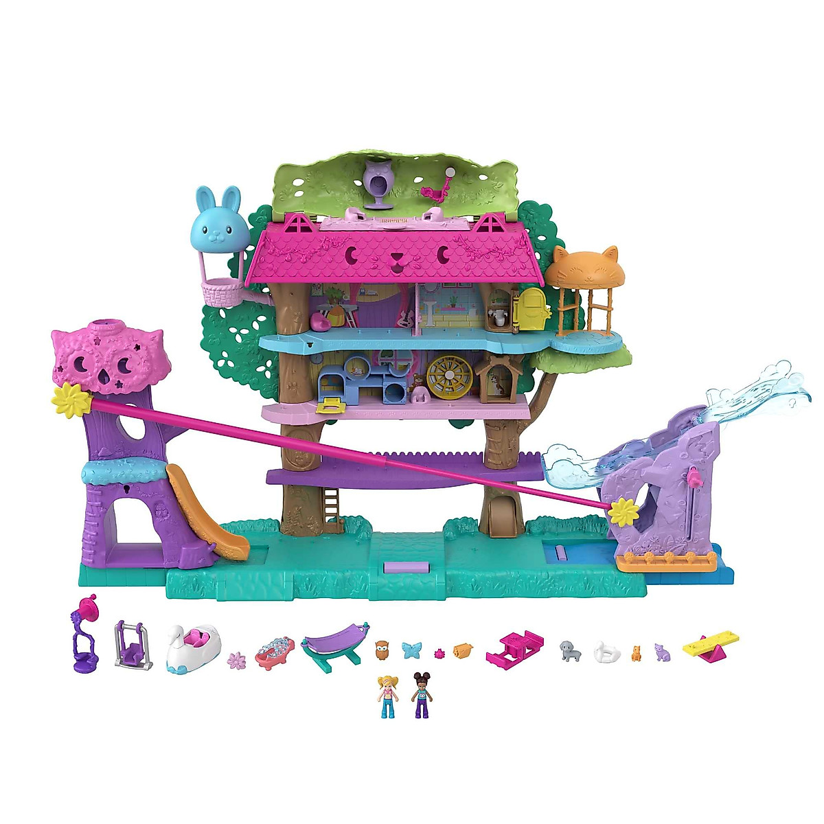 Polly Pocket Doll House with 2 Micro Dolls, Toy Car, Doll Furniture & 4 Pets, Expandable Pet Adventure House