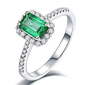 Lanmi 14K White Gold Natural Green Emerald Engagement Solitaire Rings Diamonds Wedding Band for Women Promotion