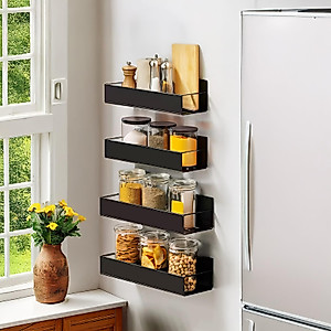 SYLLENHOD Kitchen Spice Rack: 2 Packs Black Adhesive Wall Mount - 11.8" Large Hanging Storage Organizer Cabinet Without Drilling for Smooth Wall - Work Room Bathroom Shelves