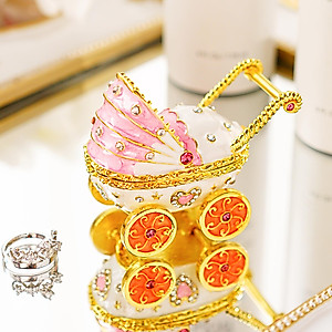 YU FENG 2.5'' Baby Pink Carriage Stroller Shaped Jewelry Trinket Boxes Hinged,Hand-painted Enameled Decorative Box Jewelry Ring Holder Organizers For Women,Girls