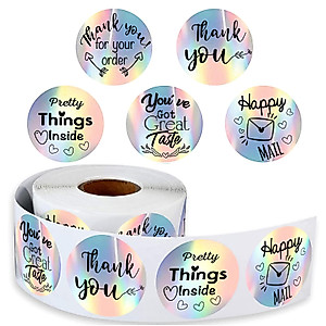 Flosius 500 PCS Thank You Stickers 5 Different Design Rainbow Holo Stickers Holographic Silver Roll Business Thank You Label for Small Business Packaging Supplies