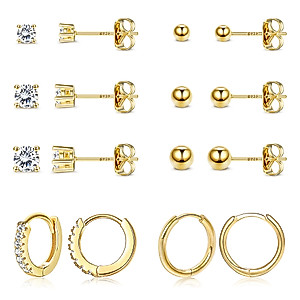 FASACCO 14K Gold Stud Earrings Set Sterling Silver Hypoallergenic Gold Earrings for Multiple Piercing Earrings Studs Set