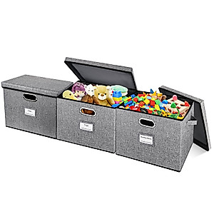 Lukeline Large Toy Box, Stackable Toy Storage Organizer, Collapsible Toy Box Chest with Lid for Nursery, Playroom, Closet, Set of 3