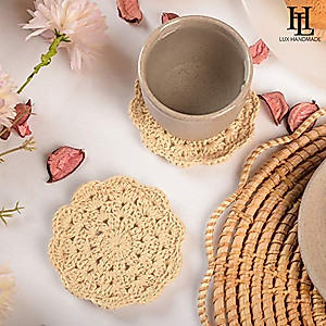 Crochet Doilies 4 Inch Coaster Set, Doily Crochet Coasters Set with Holder, Dollies Crochet Coasters for Wedding Decorations, Outdoor Coasters for Patio Table, Pack of 7, Beige