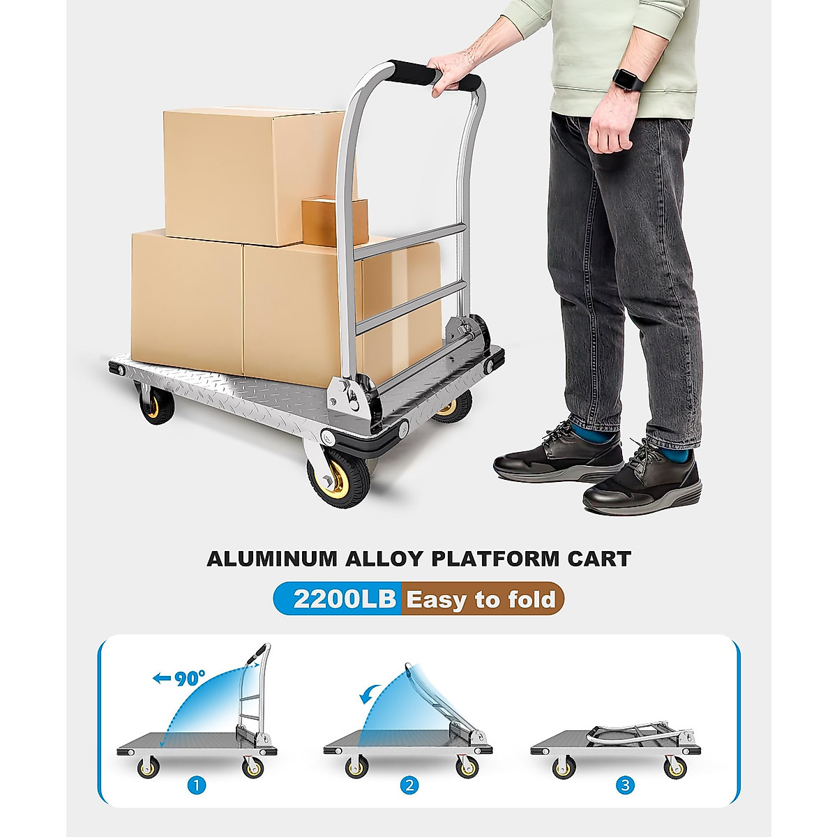 Platform Truck cart, Flatbed cart, 2200 pounds.with 6-inch Rotating Wheels Large Platform Suitable for Grocery Stores, garages, Offices, Storage Rooms (Silver) (35.4x23.6 inch)