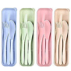 Travel Utensil Set with Case, 4 Sets Wheat Straw Reusable Spoon Knife Forks Tableware, Eco Friendly Non-toxin BPA Free Portable Cutlery for Travel Picnic Camping or Daily Use