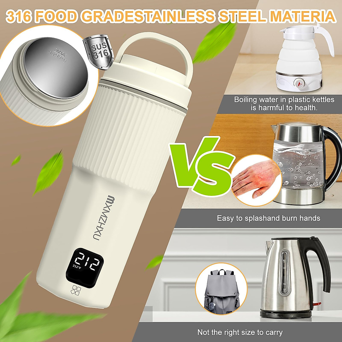 Travel Electric Kettle,316 Stainless Steel Small Portable Coffee Tea Kettle with 6 Temperature Settings, 450ml/15.2oz Mini Hot Water Boiler,100V-240V Dual Voltage,Auto Shut-Off,Boil Dry Protection