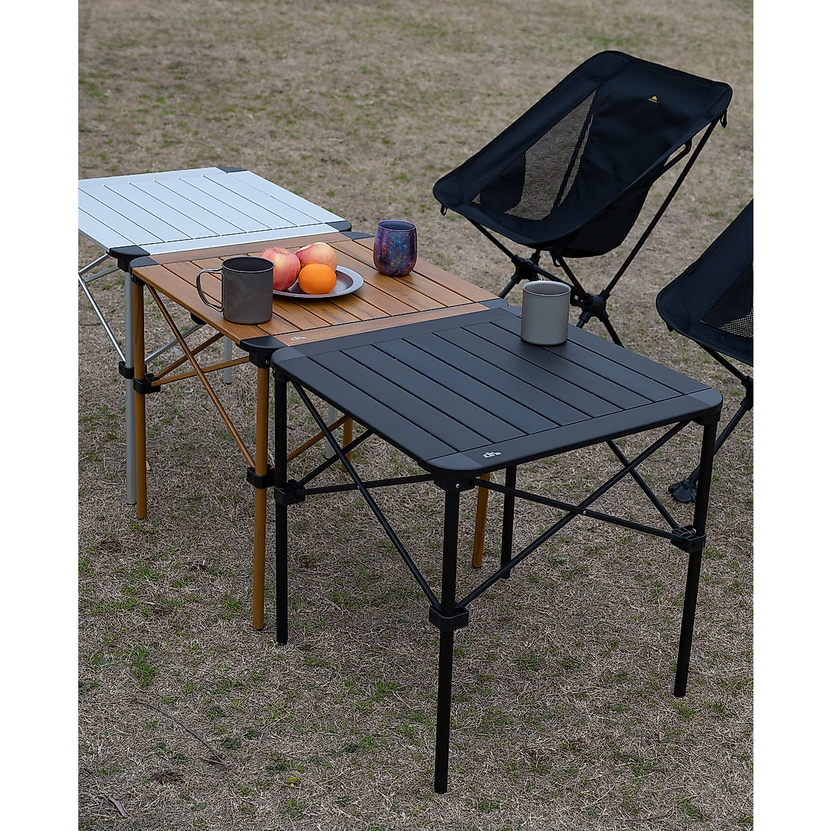iClimb Lightweight Stable Alu. Folding Square Table Roll Up Top with Carry Bag for Camping Picnic Backyards BBQ Camp Kitchen (Nature, M)