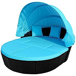 ATY Outdoor Rattan Round Daybed Sunbed with Retractable Canopy, All-Weather Wicker Furniture Sectional Sofa Set w/Washable Cushions for Backyard,Porch, Blue