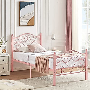 VECELO Twin Size Metal Bed Frame with Headboard and Footboard, Heavy Duty Steel Slat Support, Platform Mattress Foundation, No Box Spring Needed, Easy Assembly, Pink