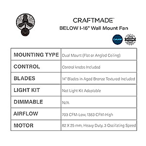 Craftmade BW116AG3 Bellows I Retro-inspired 16" Outdoor Wall Mount Patio Fans with Heavy-duty, 3-speed Oscillating Motor, Aged Bronze Textured