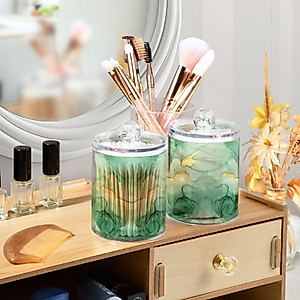 GOODOLD Green Alcohol Ink Qtip Holder 2 Pack - 10 Oz Clear Plastic Apothecary Jar Set for Bathroom Organization - Versatile Canister Storage for Cotton Balls, Swabs, Rounds