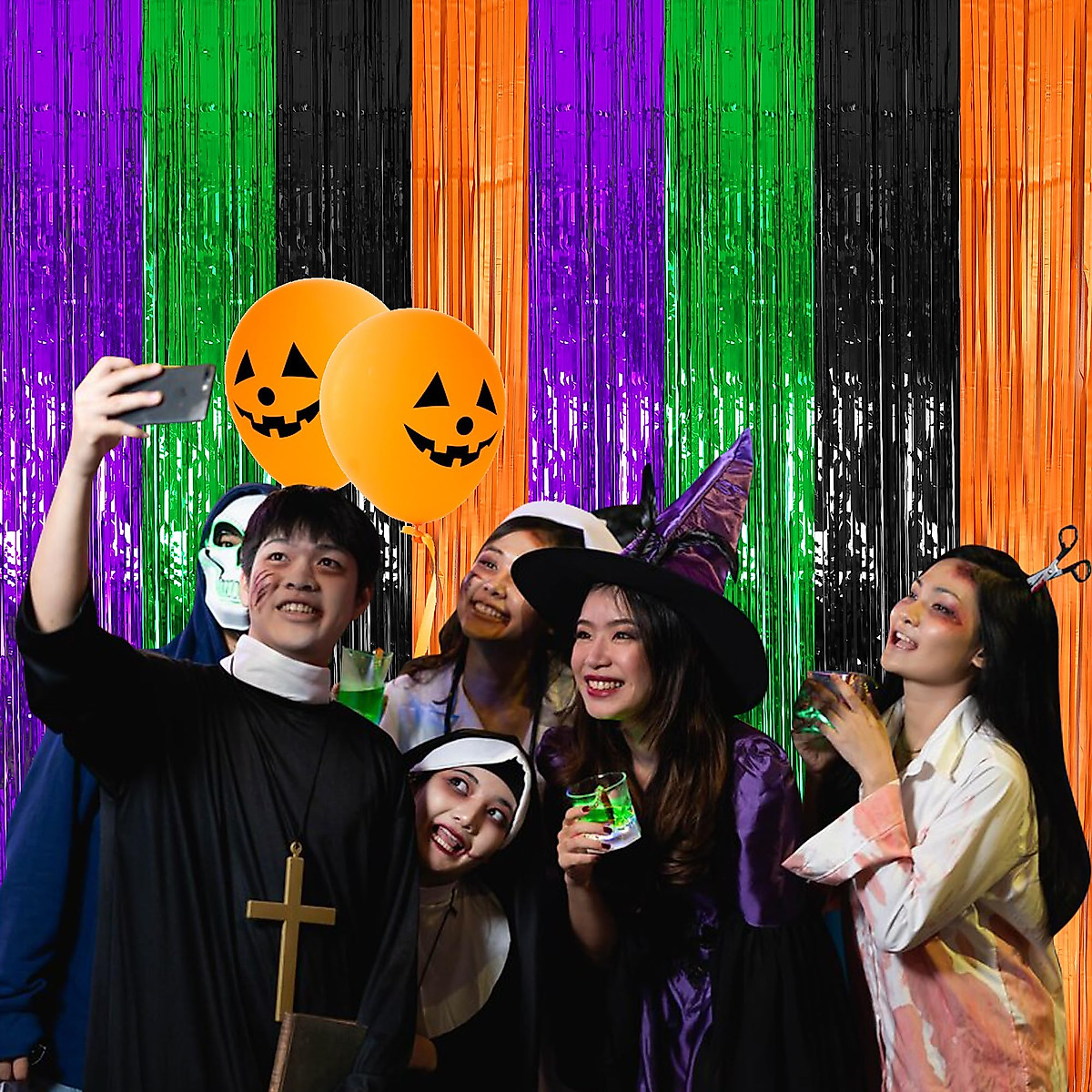 2 Packs 3.3ft x 8.2ft Halloween Purple Green Black Orange Tinsel Foil Fringe Curtains, Metallic Foil Curtains for Home Outdoor Halloween Party Photo Booth Props Decorations