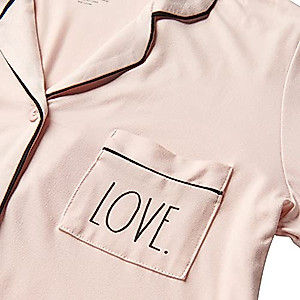Rae Dunn Women's Pink LOVE Short Sleeve Button Up Notch Collar Shirt with Pocket and Shorts Pajama Set, Small