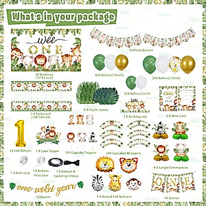 Wild One party Decorations, 150 Pcs Jungle Animal Party Supplies Decor for Boy Girl Birthdays with Banners Cake Topper Cupcake Topper Cupcakes Wrappers Balloons Backdrop Tablecloth Centerpieces