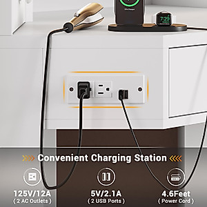 BTHFST Corner Vanity Desk with Lights and Charging Station, Makeup Vanity with Lights, Vanity Set with Mirror and Storage Stool, Makeup Table with Drawers, Rotating Shelves, White