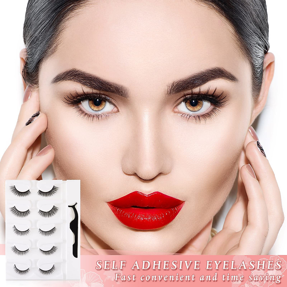 10 Pairs Self Adhesive Eyelashes Stable Non Slip False Lashes Waterproof Faux Reusable Eyelashes Dramatic No Glue Eyelashes Fluffy Stick on Eyelashes Mink Eyelashes Fake Eyelashes with Eyelash Tweezer