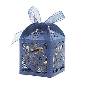 COTOPHER Laser Cut Boxes 60pcs Thank You Gift Boxes Wedding Party Favor Boxes Lace Candy Boxes for Wedding Bridal Shower Baby Shower Birthday Party Decorations with Ribbons (2x2x2.75inch, Navy, 60)