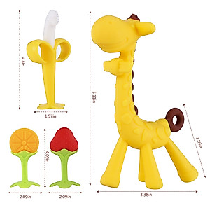 Baby Teething Toys for Newborn (4-Pack),Baby Chew Toys Teething Freezer Set Soothing Baby, Toddler Silicone Banana Toothbrushes Fruit Giraffe Teethers Soothe Babies with Storage Case Set