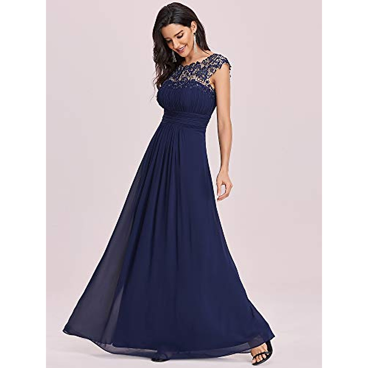 Ever-Pretty Maxi Long Chiffon Wedding Guest Dresses for Women Lace Formal Dresses Navy Blue US18