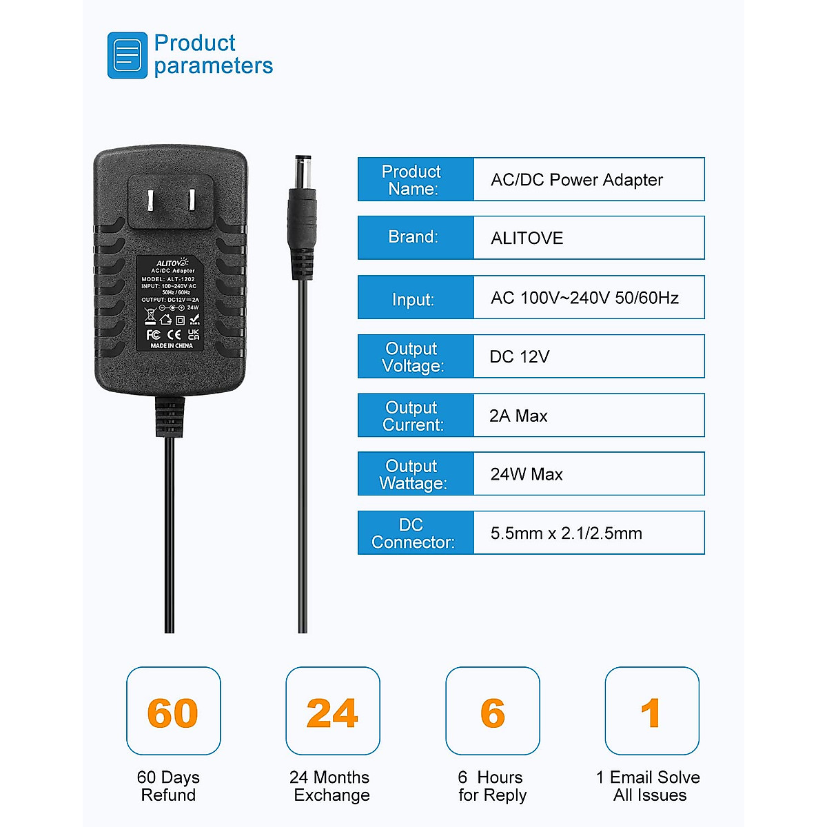 ALITOVE 12V DC Power Supply 2A 24W AC/DC Adapter 100~240V AC to DC 12 Volt 2 Amp 1.8A 1.5A 1.2A Converter with 5.5 x 2.5mm 2.1mm Plug for LED Strip Light CCTV Security Camera BT Speaker Webcam Router
