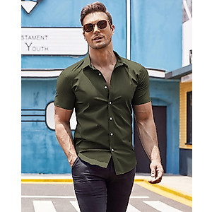 COOFANDY Men's Dress Shirts Slim Fit Wrinkle-Free Short Sleeve Casual Button Down Shirt Olive Green