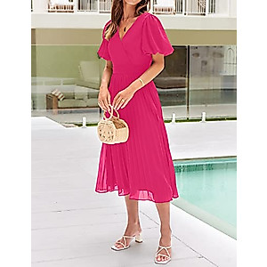 MEROKEETY Summer Dress for Women 2023 Wrap V Neck Bubble Sleeve Pleated Party Midi Dresses,HotPink,S
