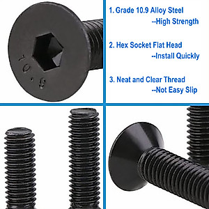 HanTof 75PCS Flat Head Hex Socket Cap Screw Bolt, Grade 10.9 Alloy Steel, M6 x 10/12/16/20/30mm SCK Allen Head Hex Drive Machine Screw Set with Hex Key, Black Oxide Finish, Fully Threaded Pitch: 1.0mm