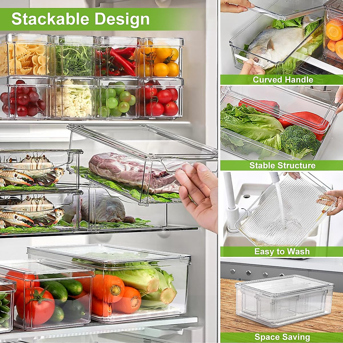RIKOJUXI Set Of 14 Fridge Organizer, BPA Free Stackable Refrigerator Organizer Bins with Lids, Fridge Organizers and Storage Clear Refrigerator Storage Containers for Fruits, Vegetable, Food, Drinks