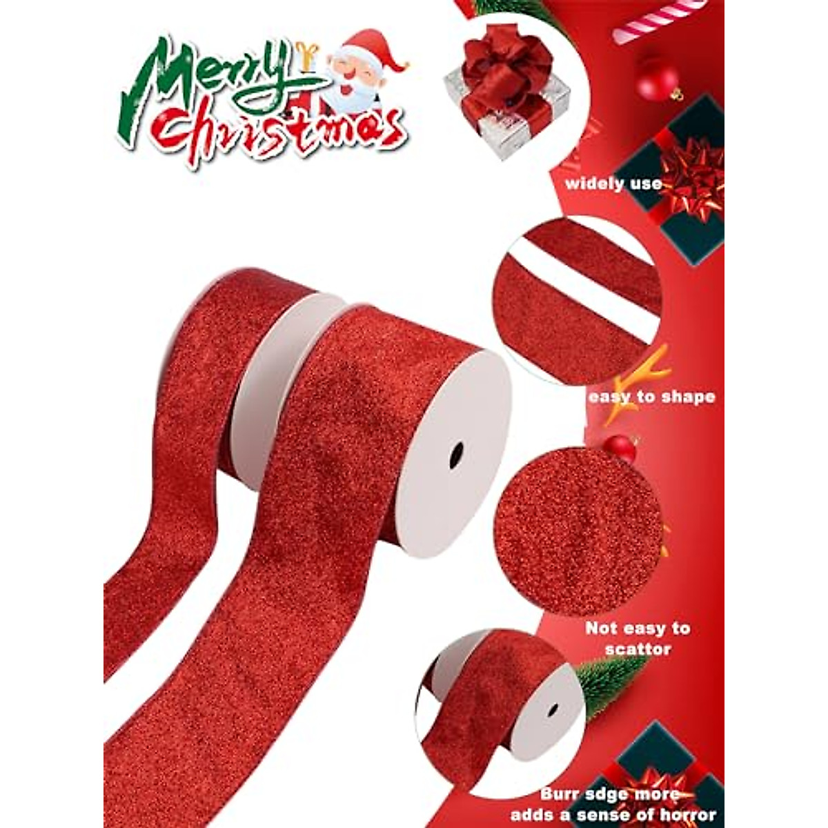 Wlflash 2-1/2 Inch10 Yards Merry Christmas Wired Edge Xmas Net Ribbon Wreath Supplies Decorative Wrapping Craft Roll for Gift Decor Accessories Party Decoration