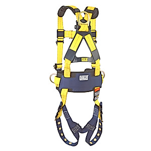 3M DBI-SALA Delta 1102201 Construction Harness, Back and Side D-Rings, Tongue Buckle Legs, Body Belt and Hip Pad, 420 lb Capacity, Small, Yellow/Navy