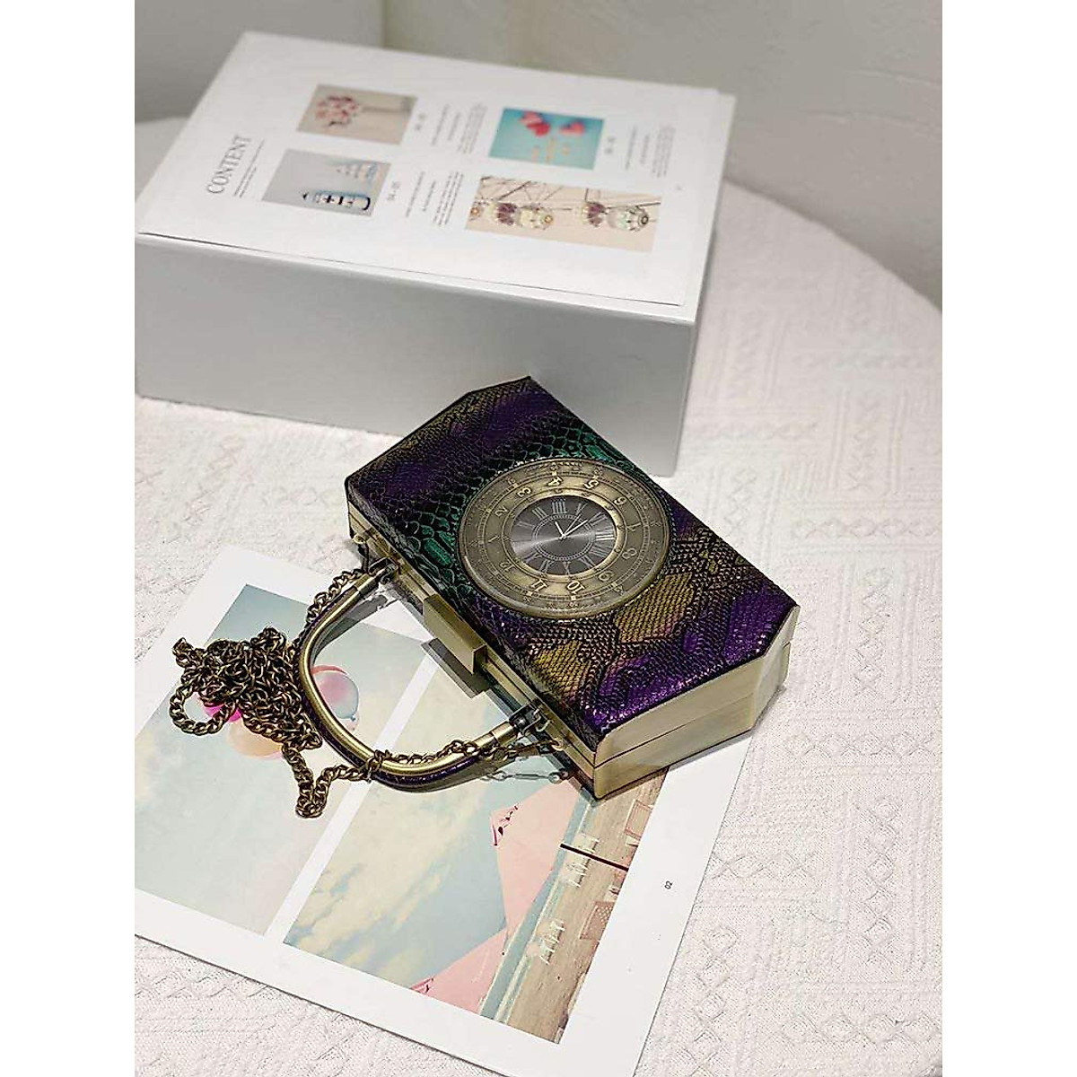 Creative Alarm Clock Package Handbag Women Real Clock Purse Crocodile Pattern Retro Watch Fashion Women's Shoulder Bag Handbags Dropship Steampunk Bags (Color)