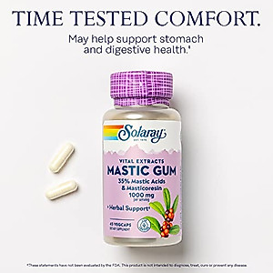 SOLARAY Mastic Gum 1000 mg, Gut Health and Digestion Supplement with 35% Mastic Acids and Masticoresins, Stomach Formula for Digestive Support, 60-Day Money Back Guarantee, 22 Servings, 45 VegCaps