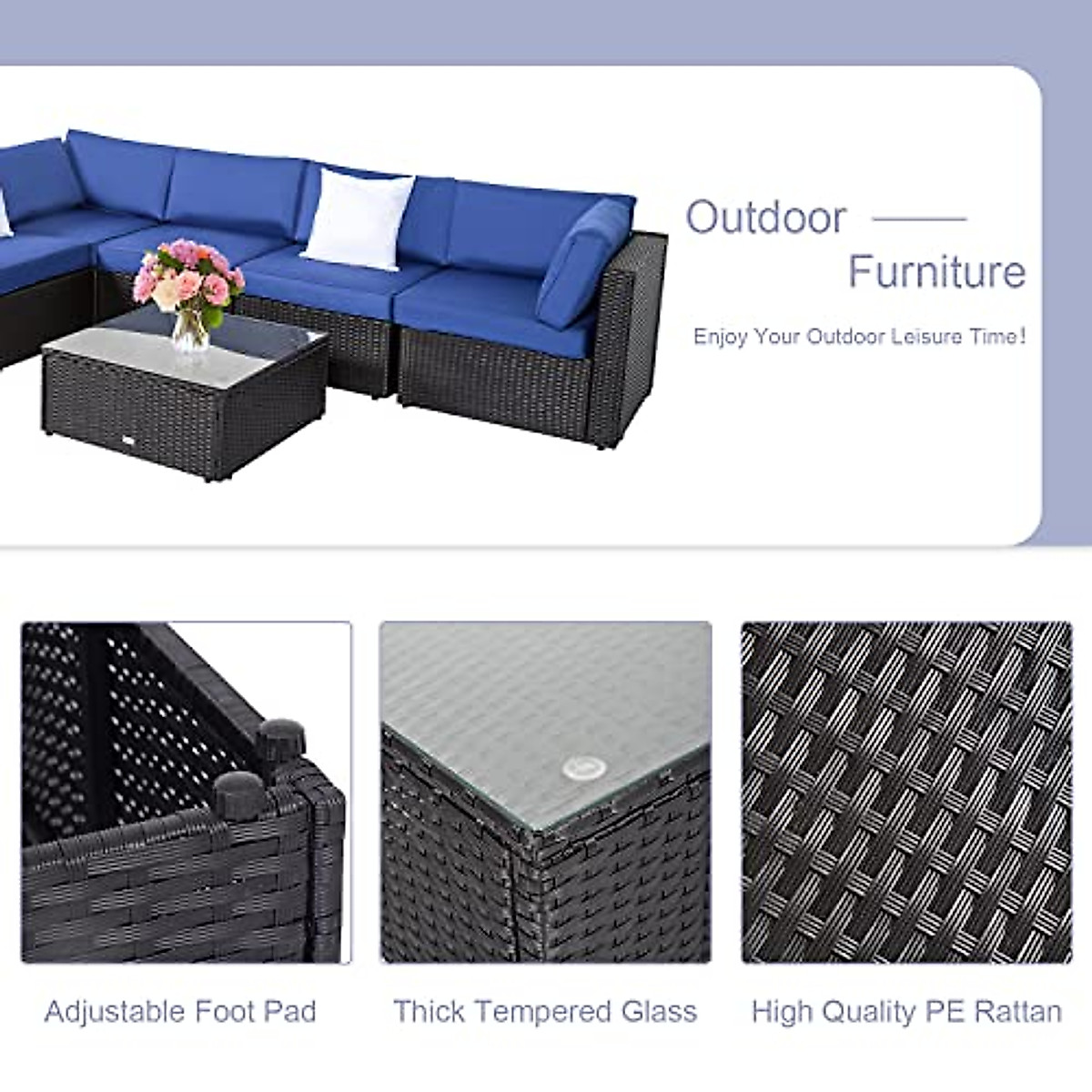 Kinfant Outdoor Patio Furniture Set Wicker Conversation Set - PE Rattan Sectional Sofa with Glass Table and Cushions for Garden Poolside Porch Balcony (Dark Blue)