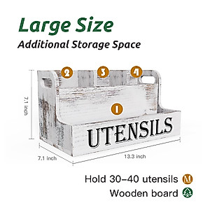 Suli Extra Large Kitchen Utensils Holder with 4 Compartments, White Wooden Utensil Organizer for Kitchen Countertop, Farmhouse Kitchen Decor, Rustic Cooking Utensil - White grain