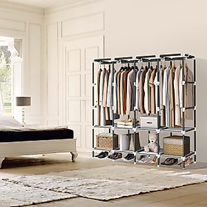 LOKEME Portable Closet，19mm Diameter Portable Closets for Hanging Clothes，Black Closet with 4 Hanging Rods and 8 Storage Shelves，Non-Woven Fabric，Easy to Assembly，67.9x18.4x70.8 Inches