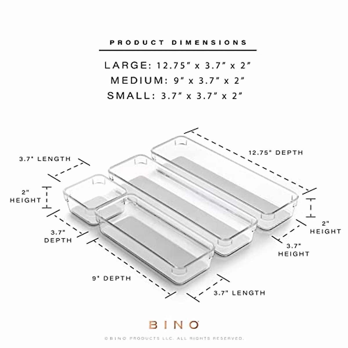 BINO | 4-Piece Drawer Organizer Bin Set - Grey, Small | THE MODULAR+ | Multi-Purpose Storage | Soft-Grip Lining and Non-Slip Rubber Feet | Durable | BPA-Free | Desk Drawer Organizer | Vanity Organizer