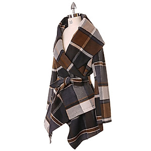 CHICWISH Women's Turn Down Shawl Collar Open Front Earth Tone Check Asymmetric Hemline Wool Blend Coat, Brown, Small