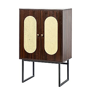 Voohek High 2 Rattan Doors, Interior Shelves and Black Metal Base, Sideboard w/Simulated Wood Patterns & Retro Knobs Elements On Surface, Walnut Storage Cabinet, Espresso