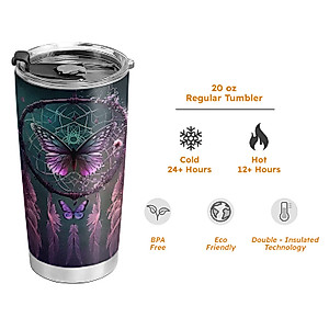 20oz Purple Dreamcatcher Butterfly Tumbler Cup, Insulated Travel Cup with Lid, Coffee Thermos for Women, Gifts for Women, Birthday Gifts for Mom, Daughter, Sister, Friends, Girlfriends, Coworker