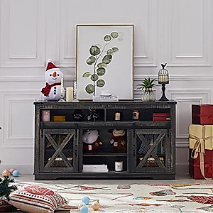 Okvnbjk TV Stand for 65+ Inch TV, Industrial & Farmhouse Entertainment Center with Sliding Barn Door, Rustic TV Console with Storage Shelves, Wood Television Stands for Living Room, Dark Oak