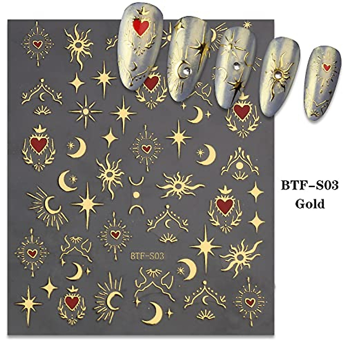 3 Sheets Nail Art Stickers Decals Gold Sun Moon Star Stripe Line Nail Decals Self-Adhesive Heart Nail Art Supplies for Nail DIY Decoration 3D Adhesive Nail Accessories for Women French Nail Design